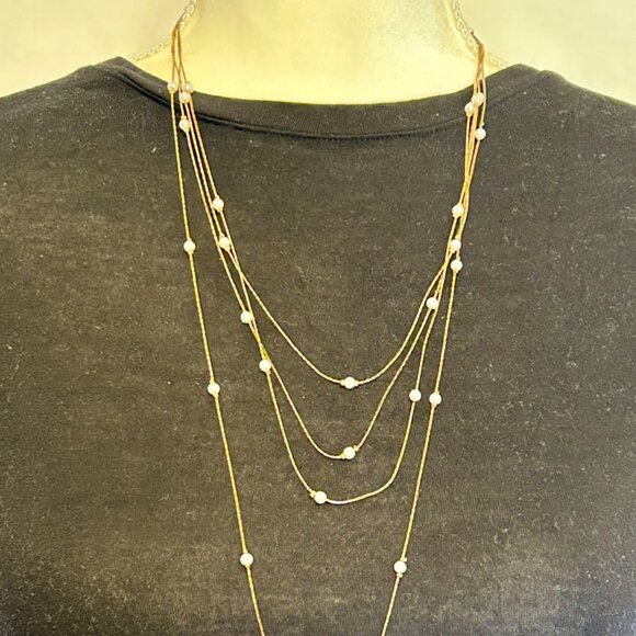 Jewelry | Vintage Long Multi Strand Chains Simulated White Pearls ...